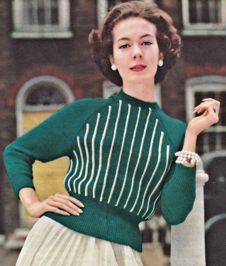 Ladies Stylish Raglan Sweater With Crochet Vertical Stripes, Vintage ...