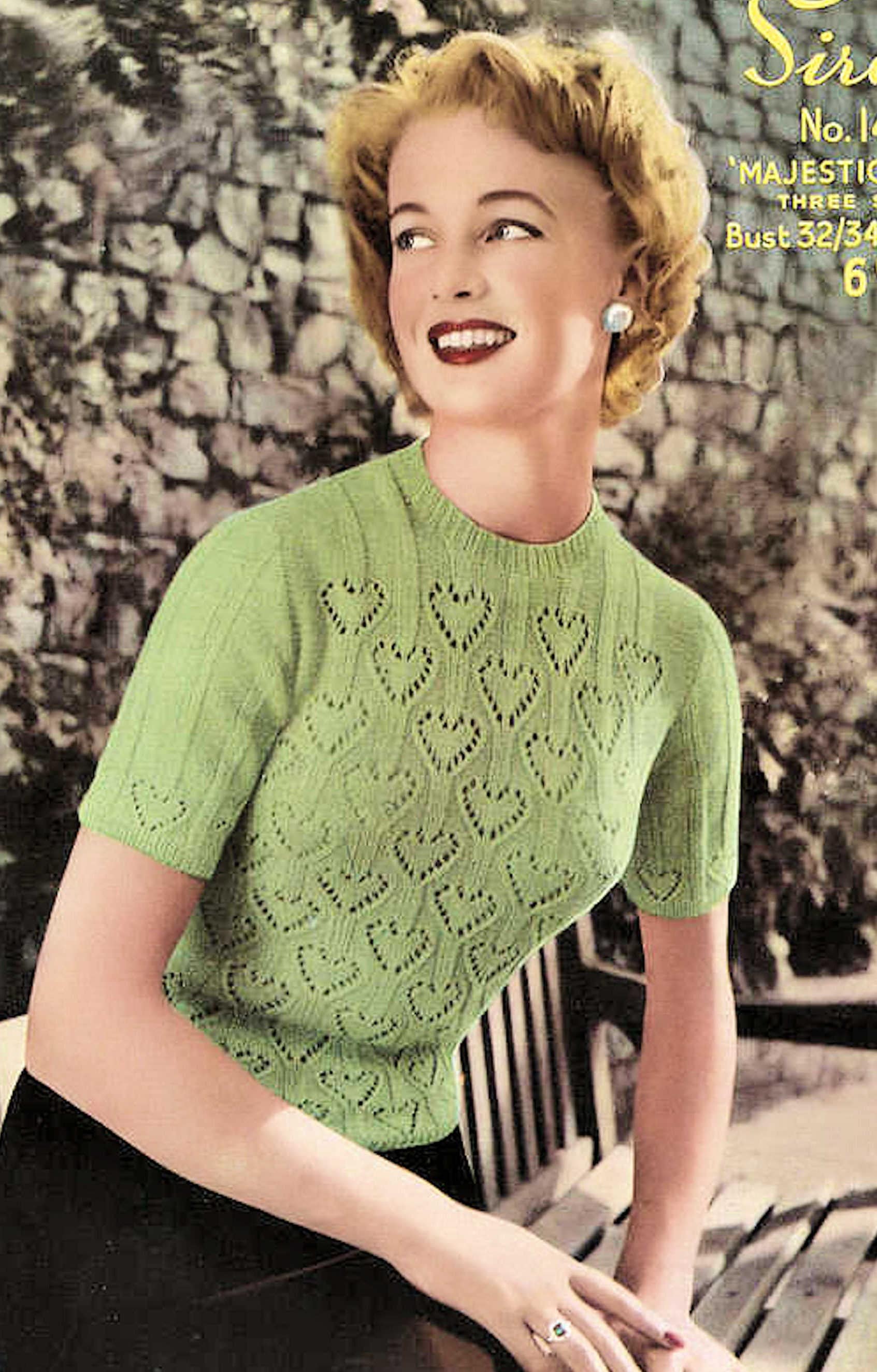 Ladies Pretty Jumper in Wide Rib With Lacy Hearts, Vintage Knitting ...