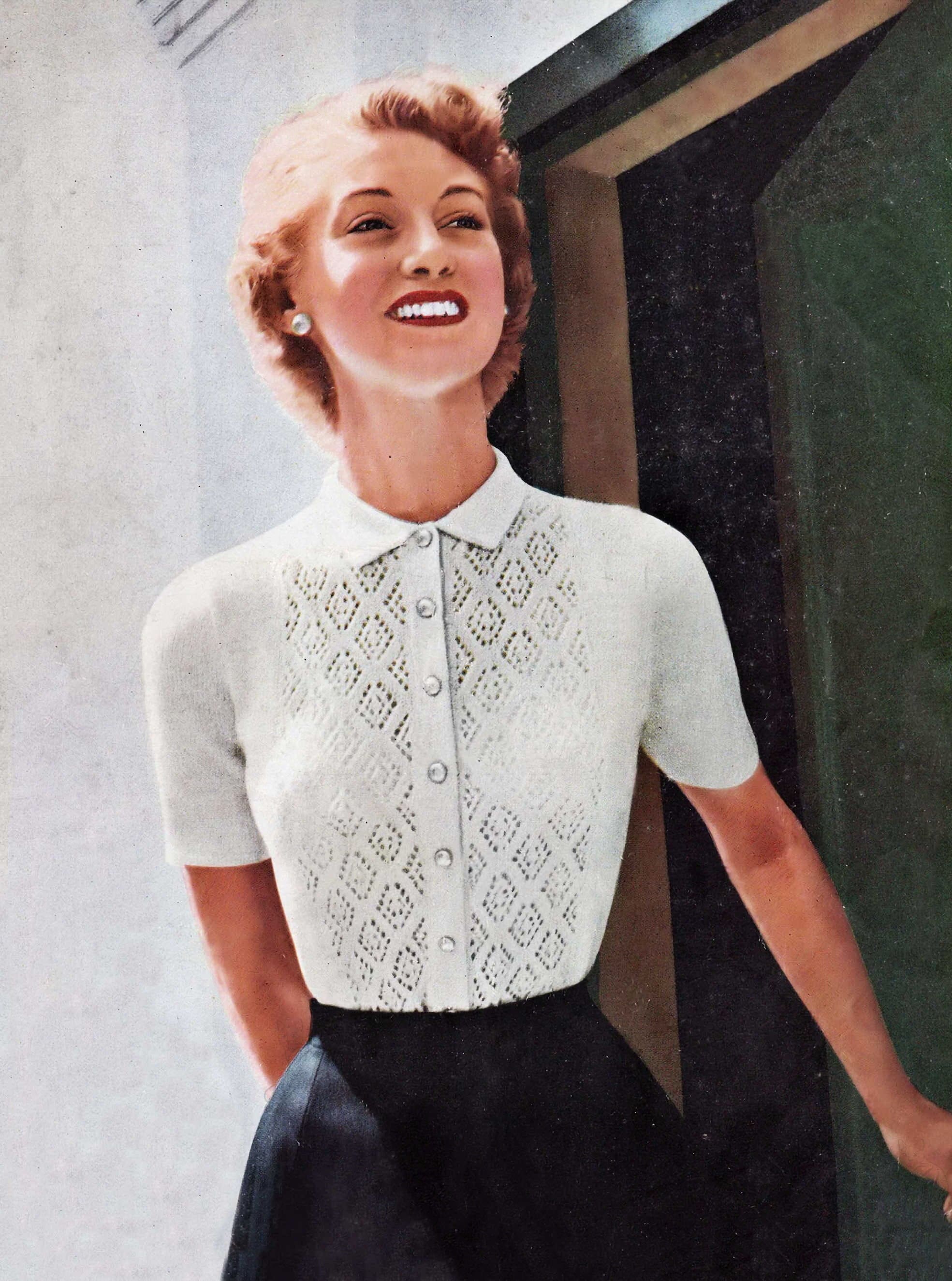 Ladies Pretty Blouse With Lacy Front Panels, Vintage Knitting Pattern ...