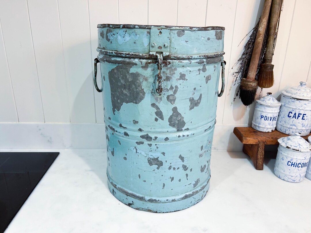 Large Blue Green Vintage Indian Metal Rice Storage Drum / Bin / Laundry ...