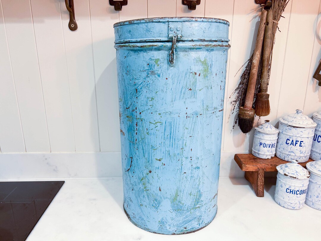 Large Blue Vintage Indian Metal Rice Storage Drum / Bin / Laundry ...
