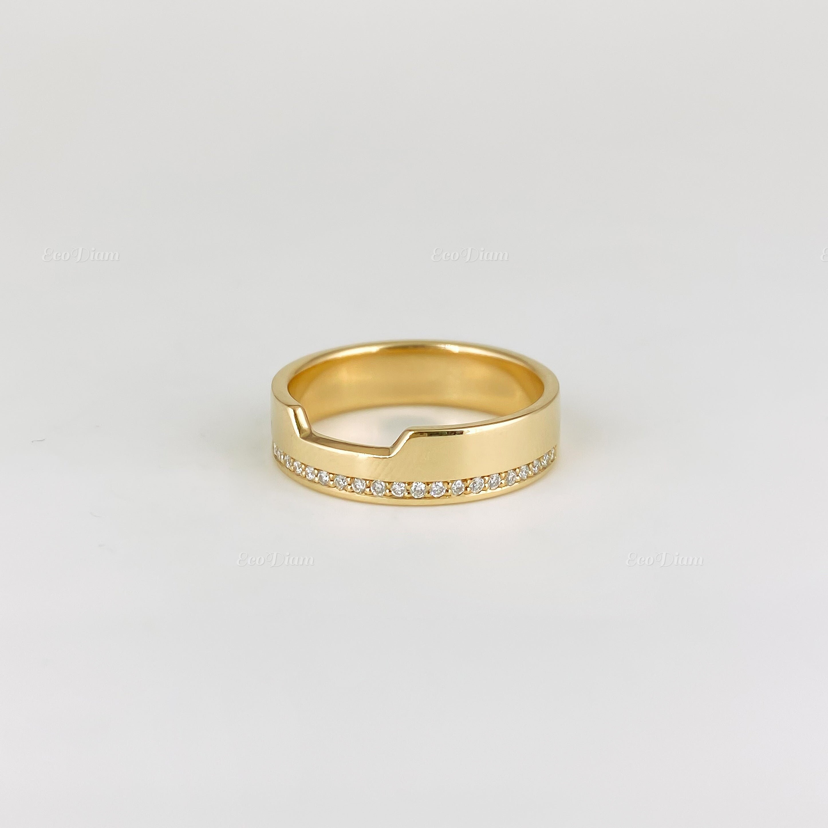 Lab Grown Diamond Notch Wedding Band 14K Solid Gold Unique Prong Half ...