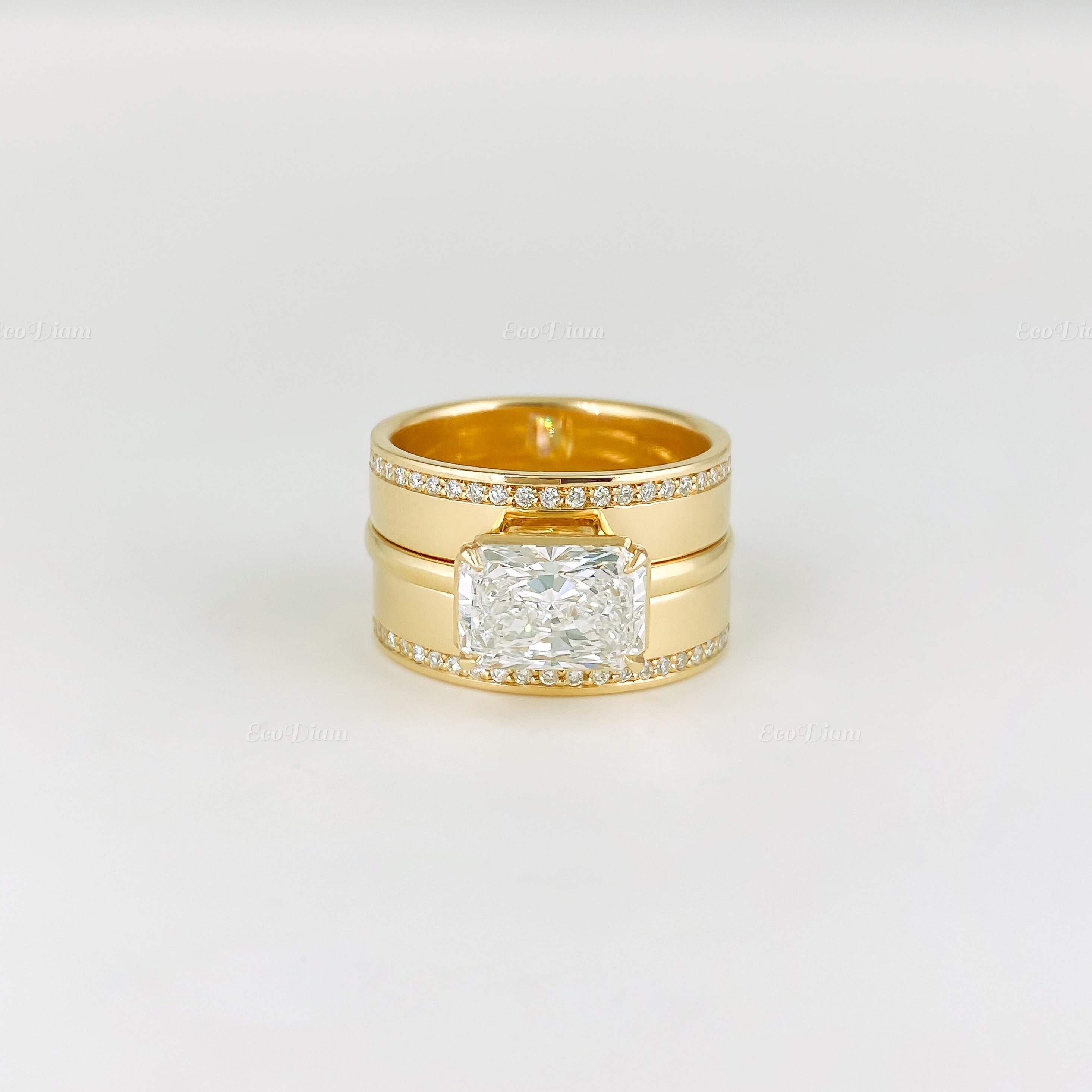 Lab Grown Diamond Notch Wedding Band 14K Solid Gold Unique Prong Half ...