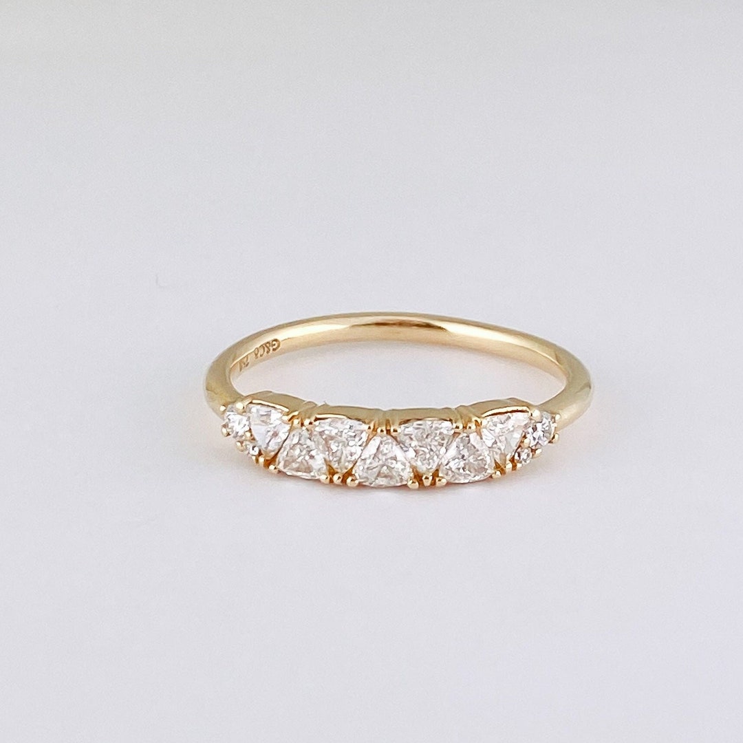 Trillion Cut Lab Grown Diamond Wedding Band, 14K Solid Yellow Gold Half ...