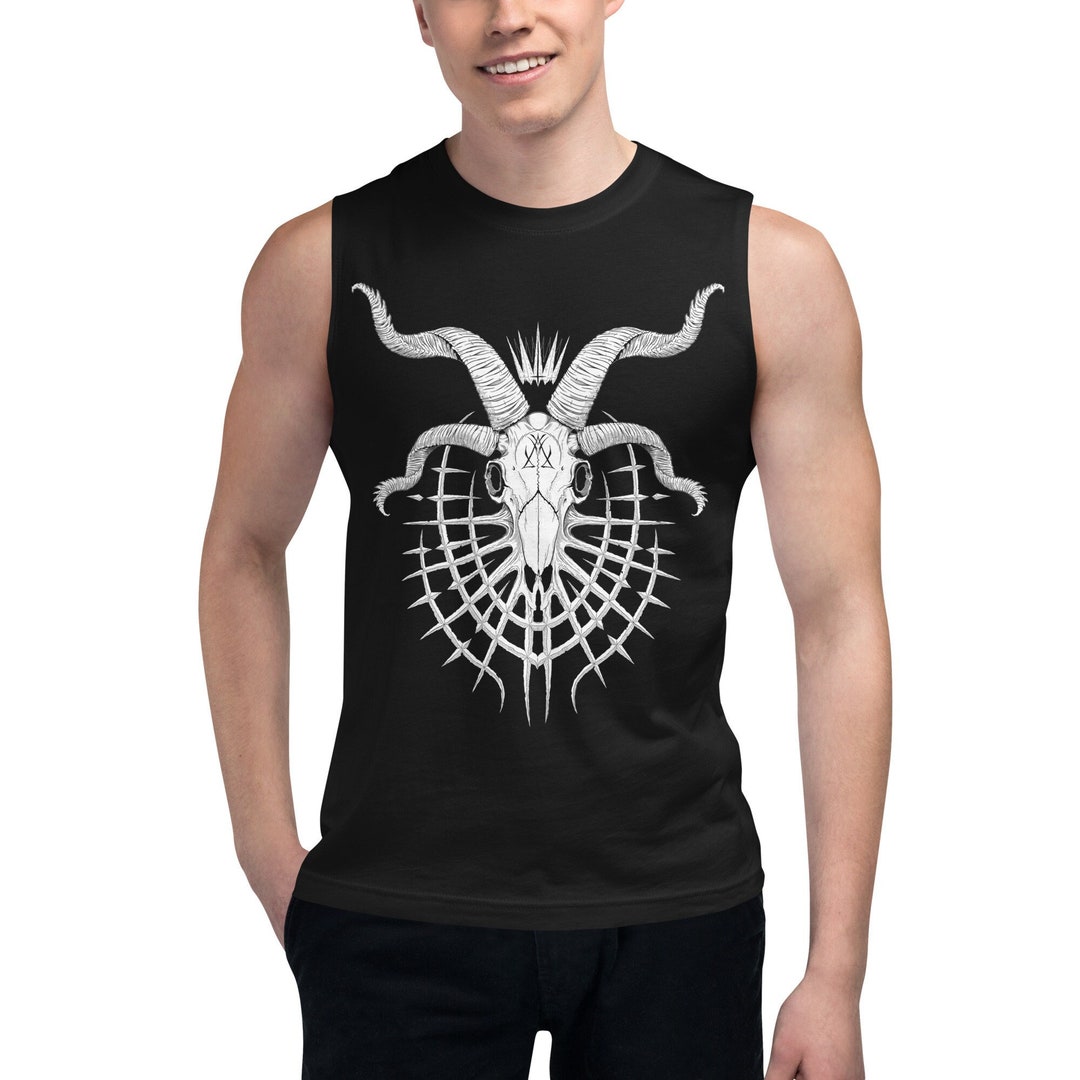 Baphomet Muscle Shirt, Hand-drawn Satanic Skull, Occult Grunge Tank Top ...