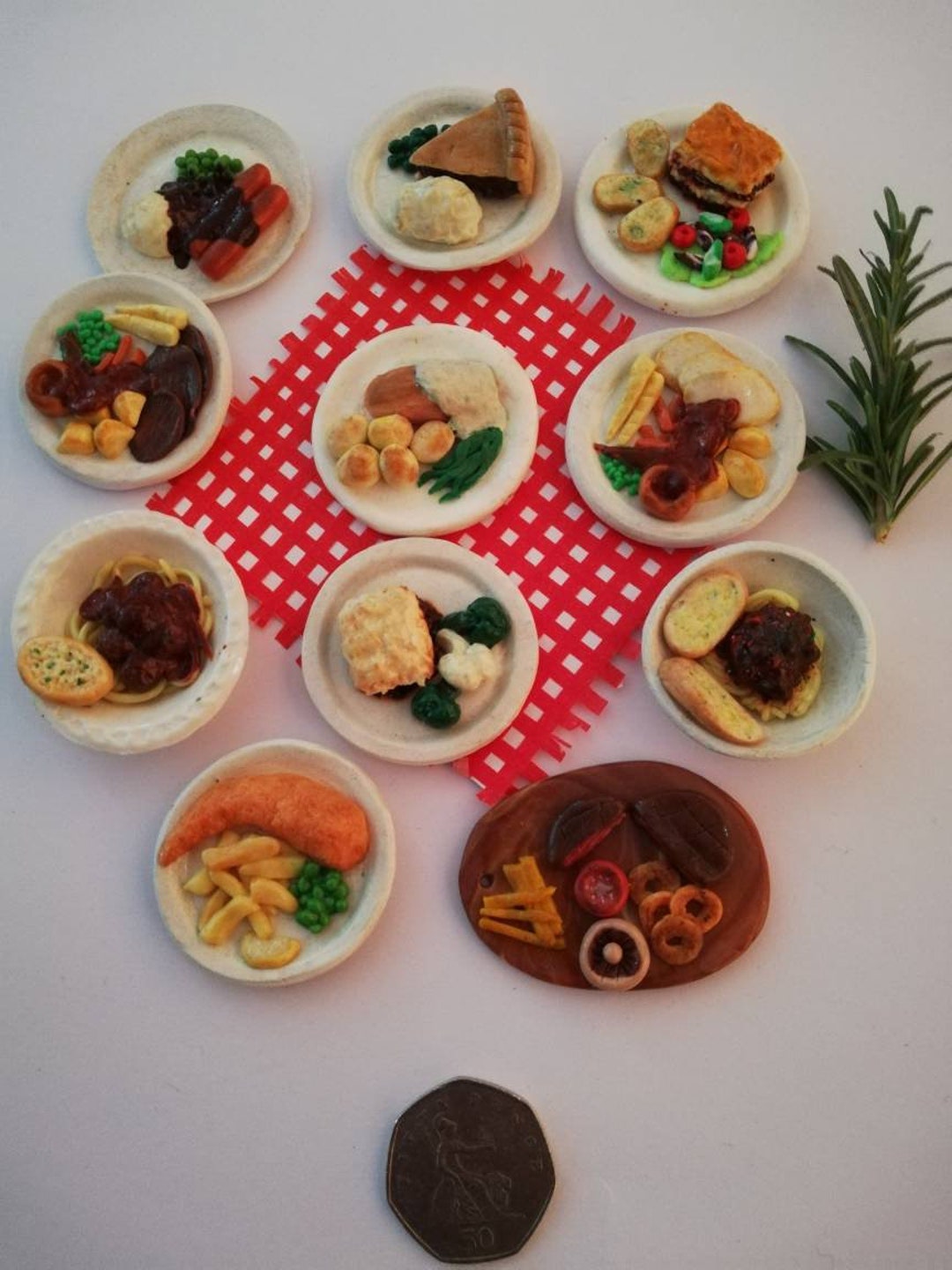Main Meal Miniature Clay Food Plates, Steak, Fish, Pie, Spaghetti ...