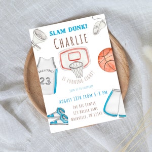 Blue Basketball Birthday Invitation Template: Slam Dunk Party (digital ...