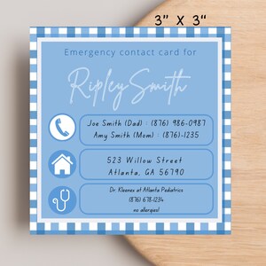 Daycare or School Emergency Contact Card for Kids. Allergy Card for ...