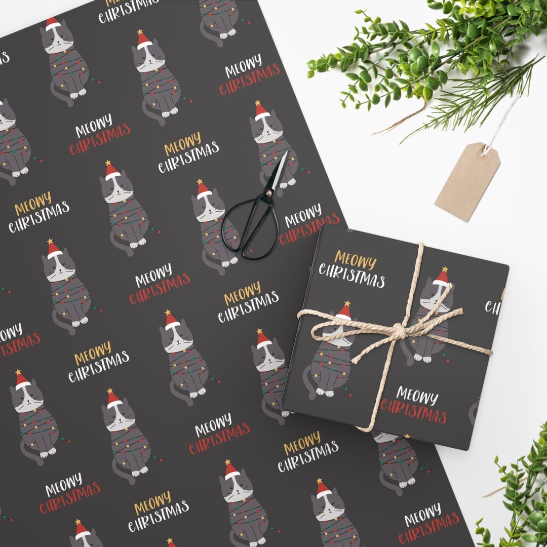 Cute Black Cat Wrapping Paper, Christmas Theme Holiday, Meowy Christmas ...