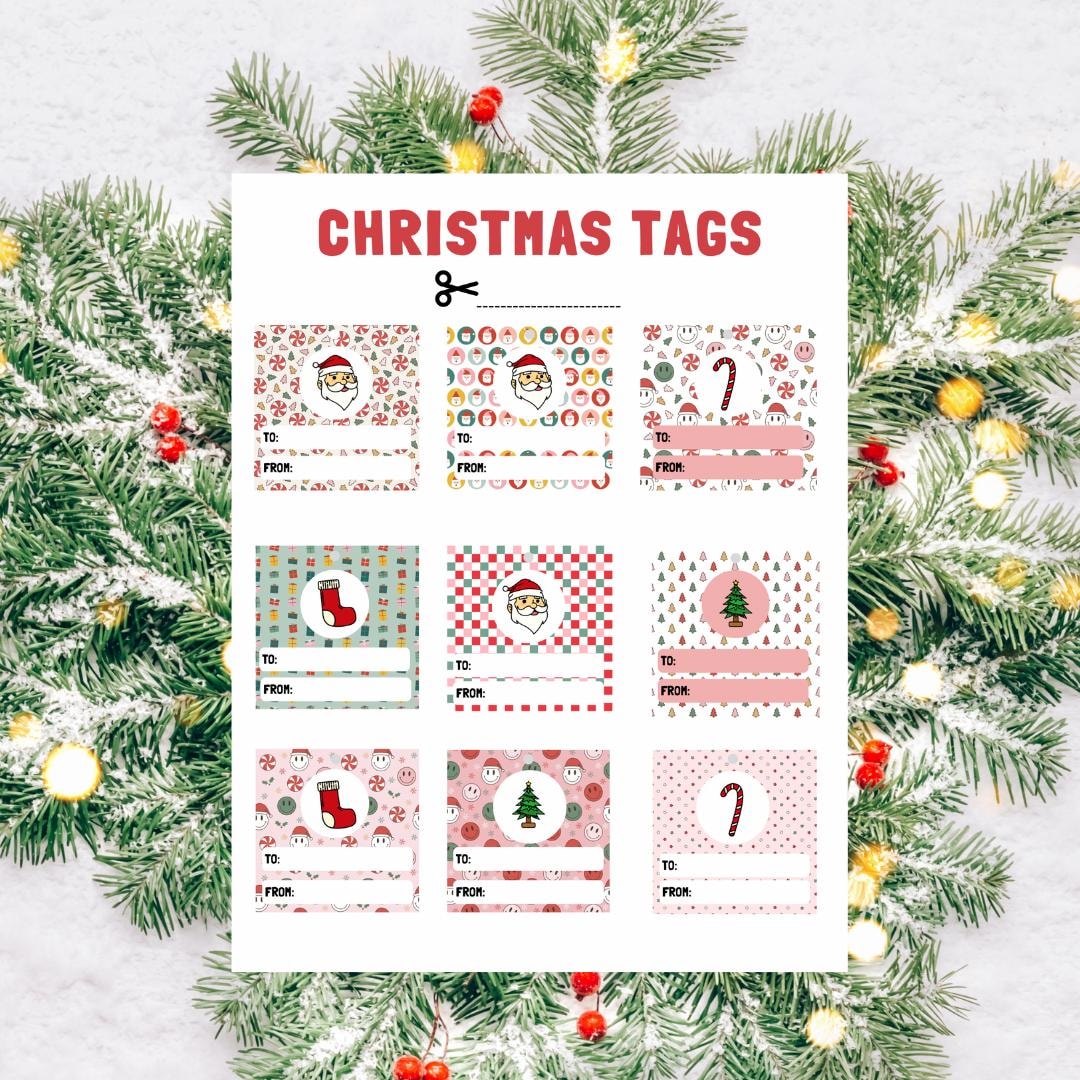 Pink Retro Christmas Tags, Printable Christmas Tags, Retro Pink ...