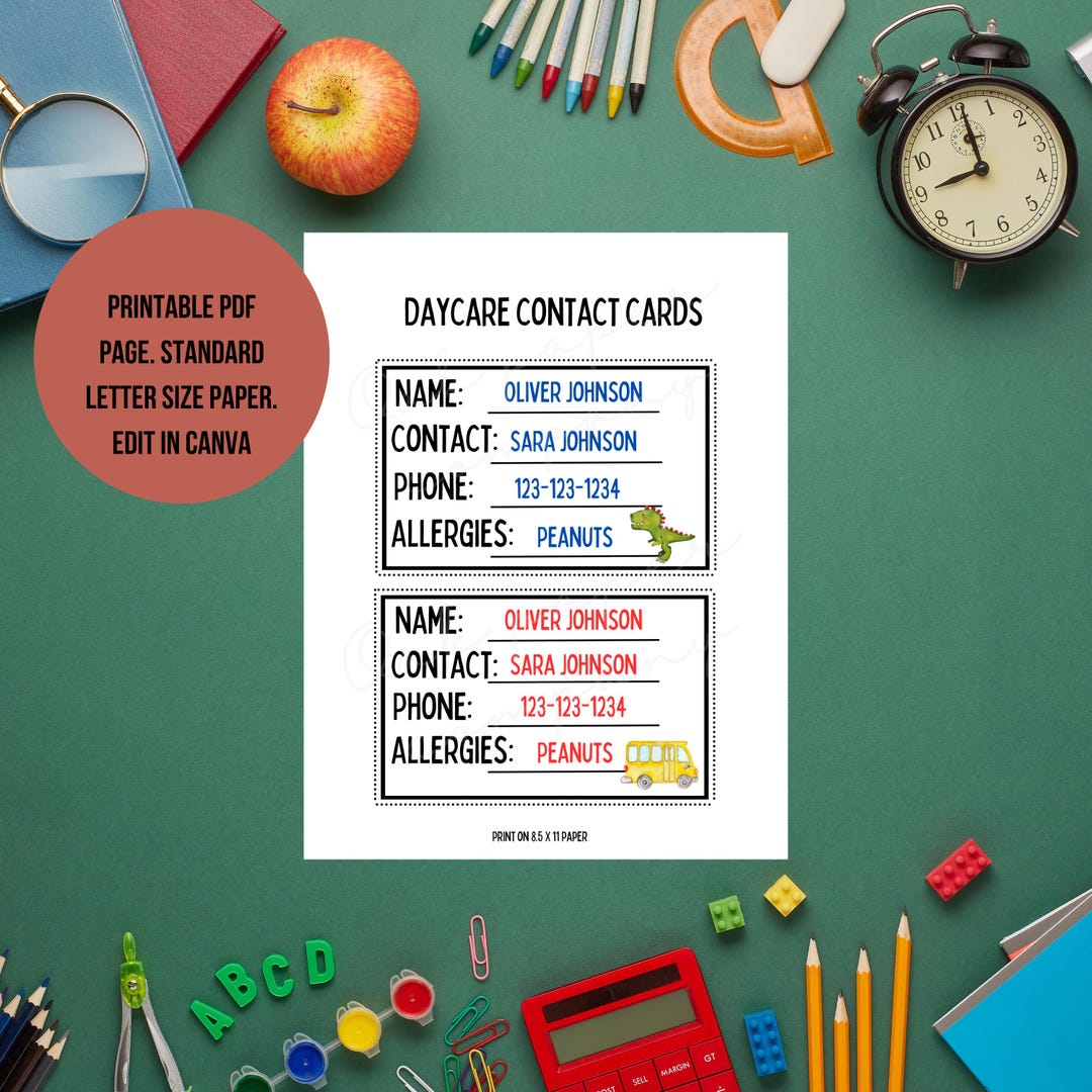 Daycare or School Emergency Contact Card for Kids,allergy Card for ...