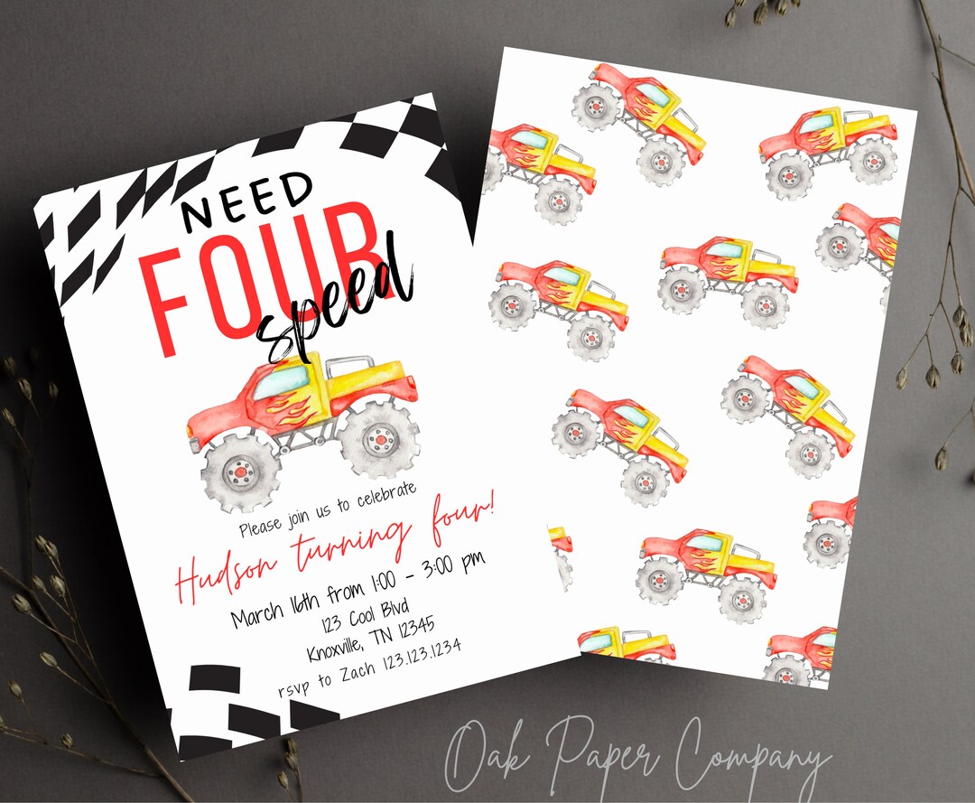 Need Four Speed Birthday Invitation, Fourth Birthday Invite, Monster ...