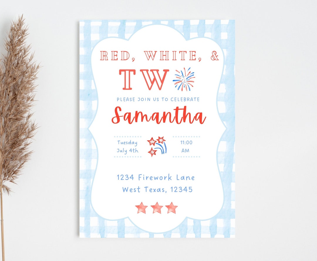 Red, White, and TWO Birthday Invitation Instant Download Blue Gingham ...