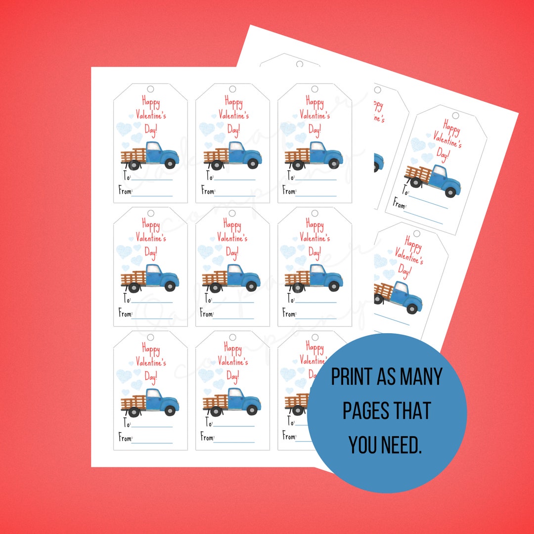 Blue Truck and Gingham Valentine’s Day Tags, Kids Printable Gift Tags ...