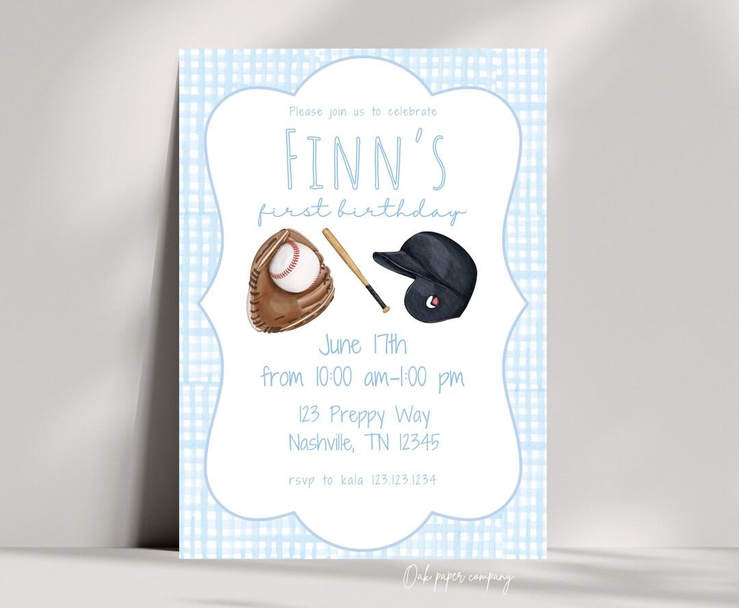 Baseball Invitation, Blue Seersucker Baseball Invite, First Pitch ...