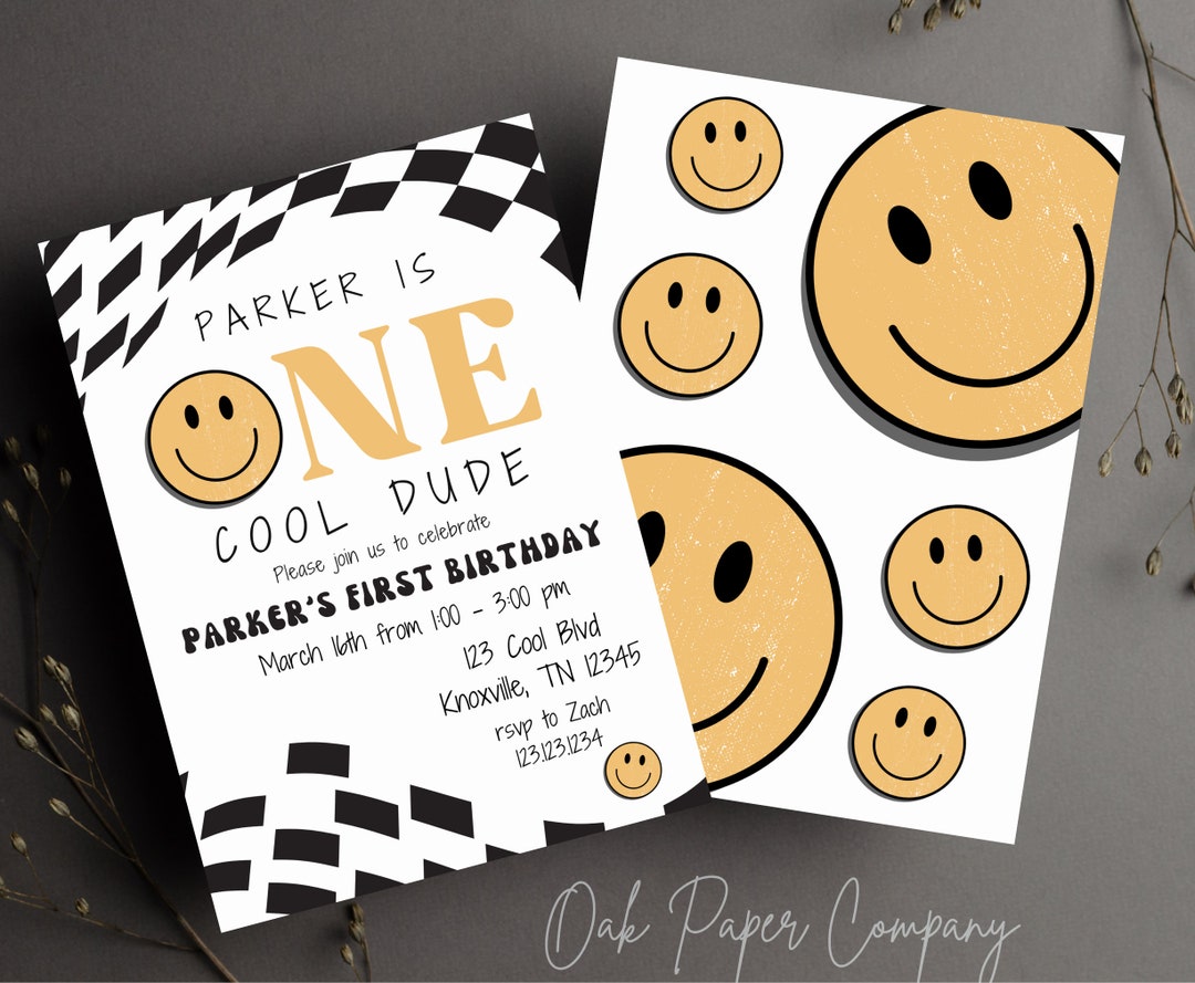 Smiley Face First Birthday Invitation, Customizable Text (digital ...