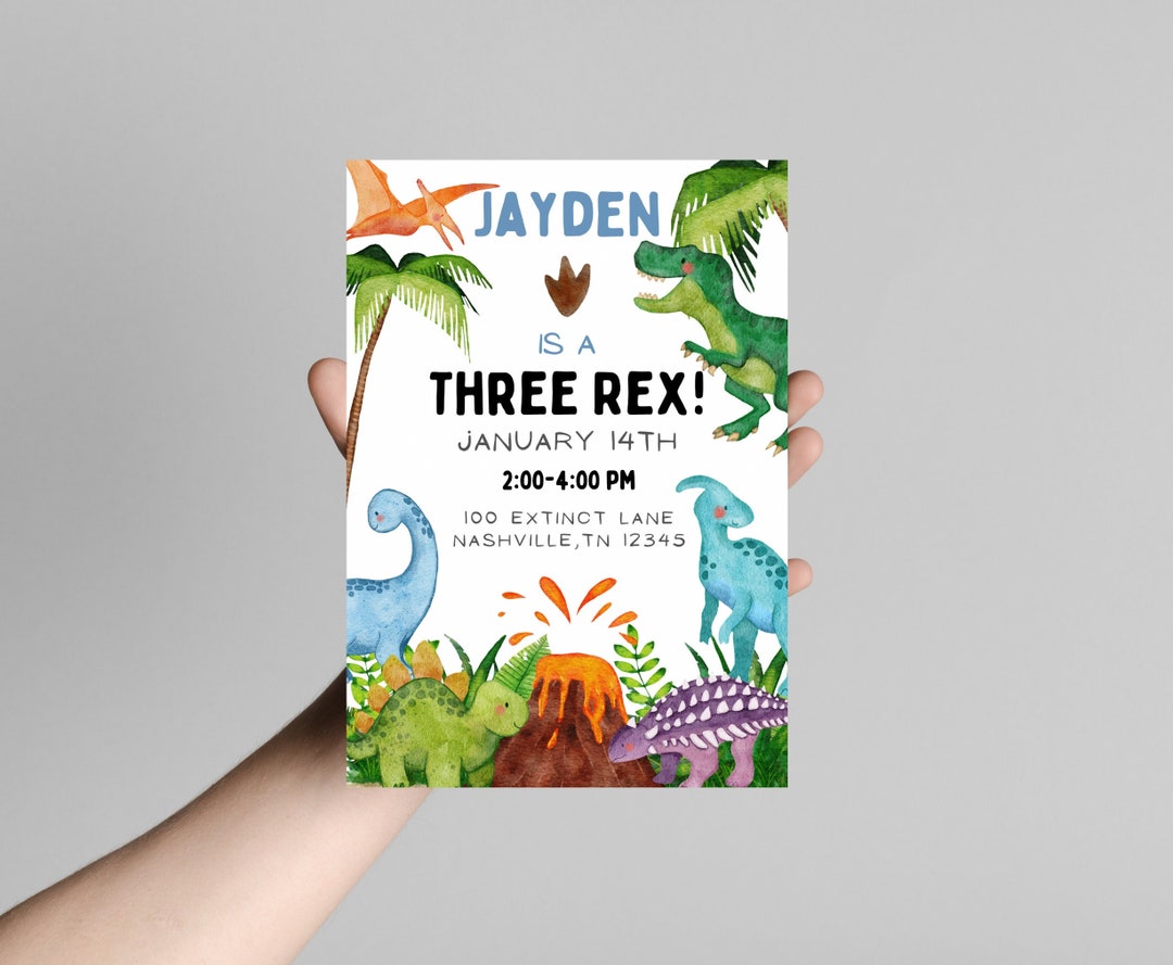 Three Rex Dinosaur Birthday Invitation: Printed Dino Kids Invites - Etsy