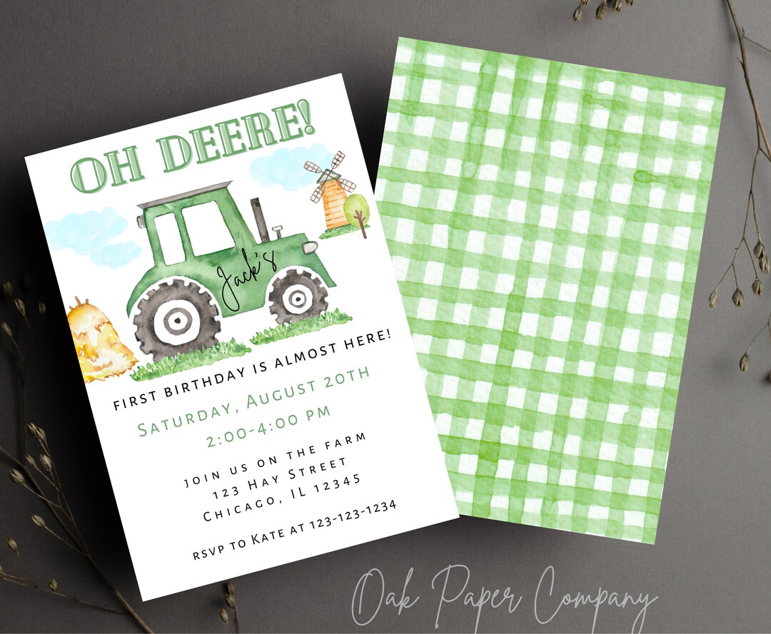 Oh Deere Birthday Invite, Green Tractor Invitation, Farm Theme Tractor Theme Birthday Invite ...