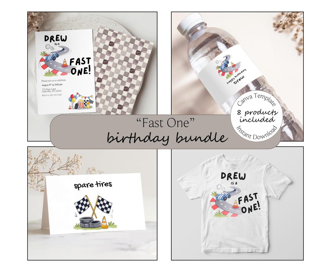 Race Car "fast One" Birthday Bundle, Editable Canva Template (digital ...