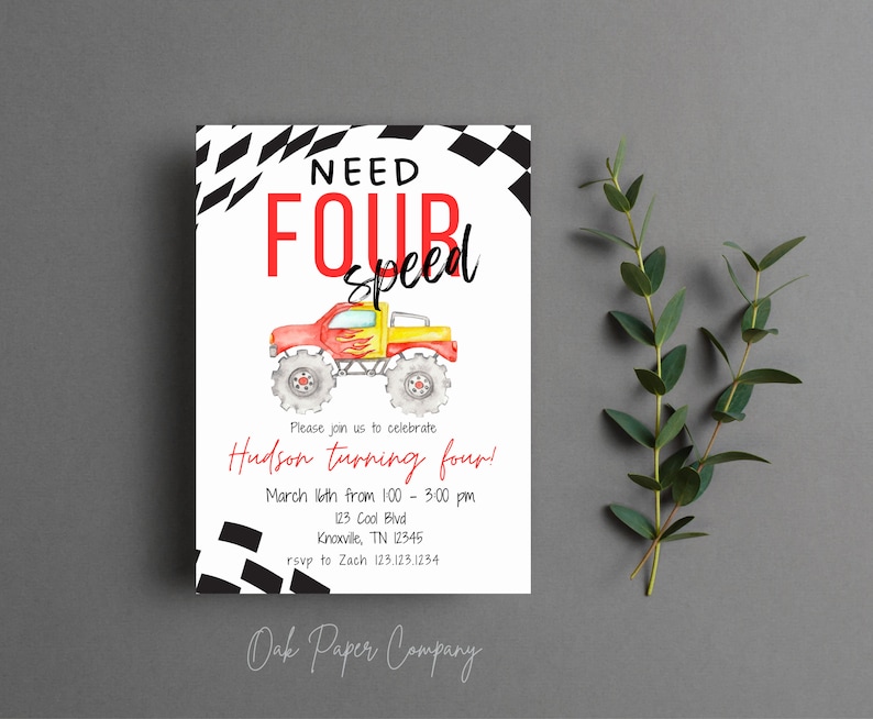 Monster Truck Birthday Invitation: "need Four Speed" (digital Download ...