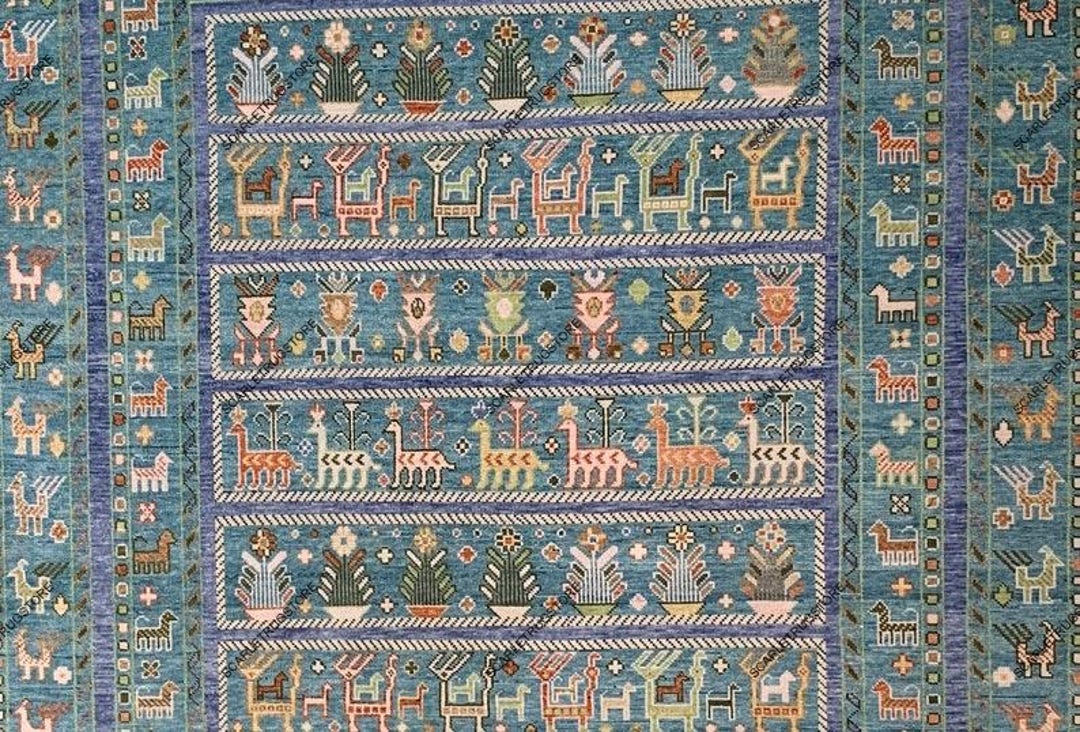 Afghan Style Hand Knotted Blue Shabargan Rug 4x6, 5x8, 6x9, 8x10, 9x12, 10 X 14 Ft Handmade ...