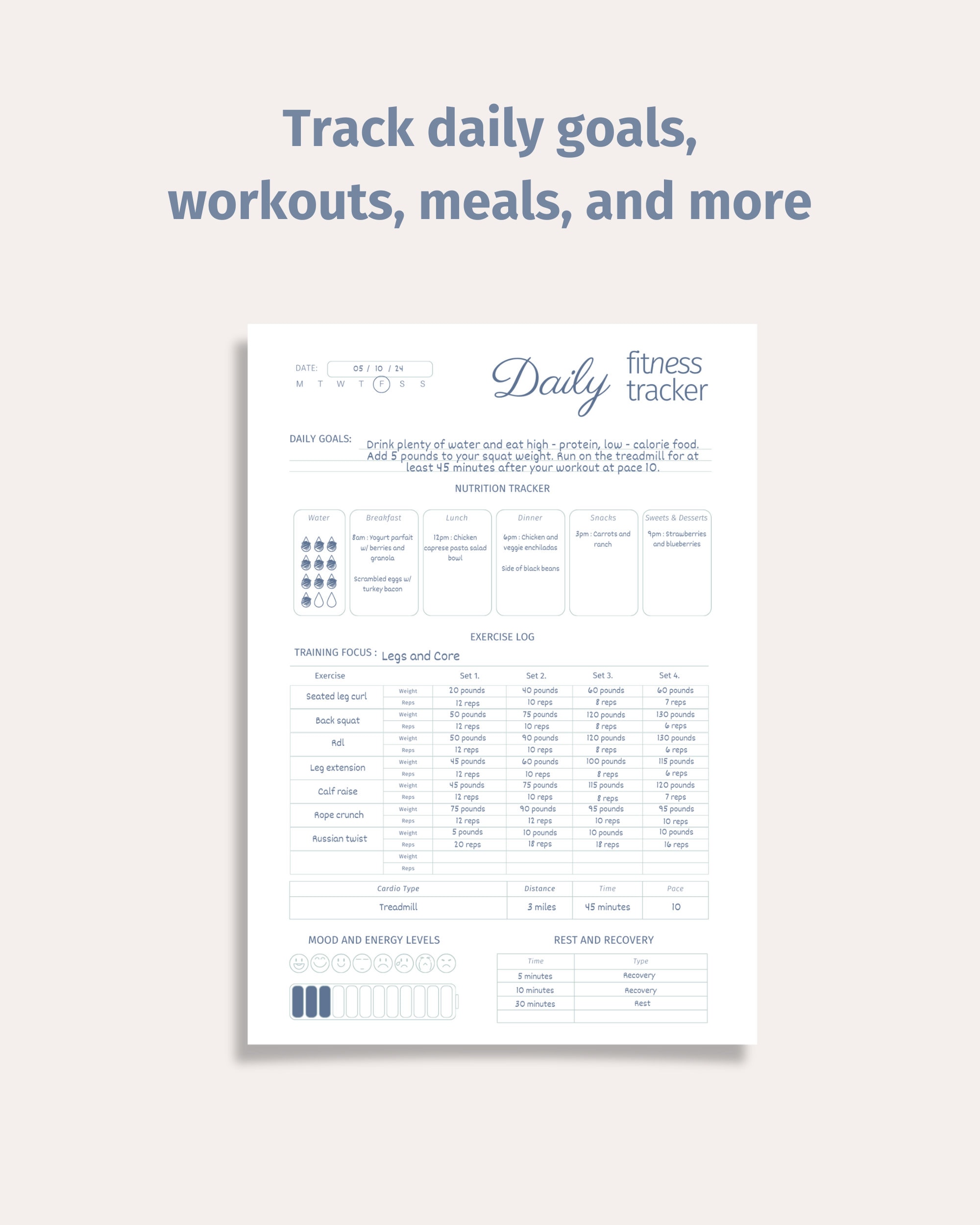 Fitness Tracker Printable Workout Planner Daily Exercise Log Printable ...