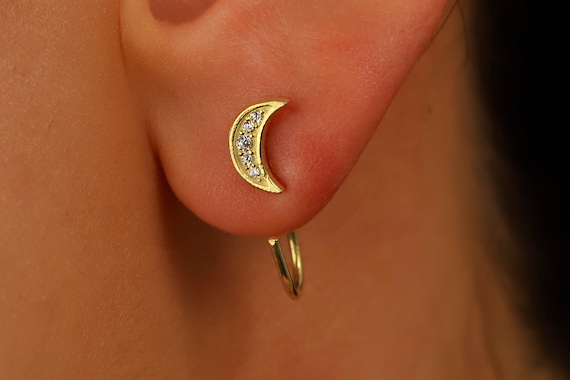 Tiny Crescent Moon Huggie Hoop Earrings Open Huggie Hoop Line Earrings Ear Hugger Half Hoop Earrings Pull Through Earrings Etsy