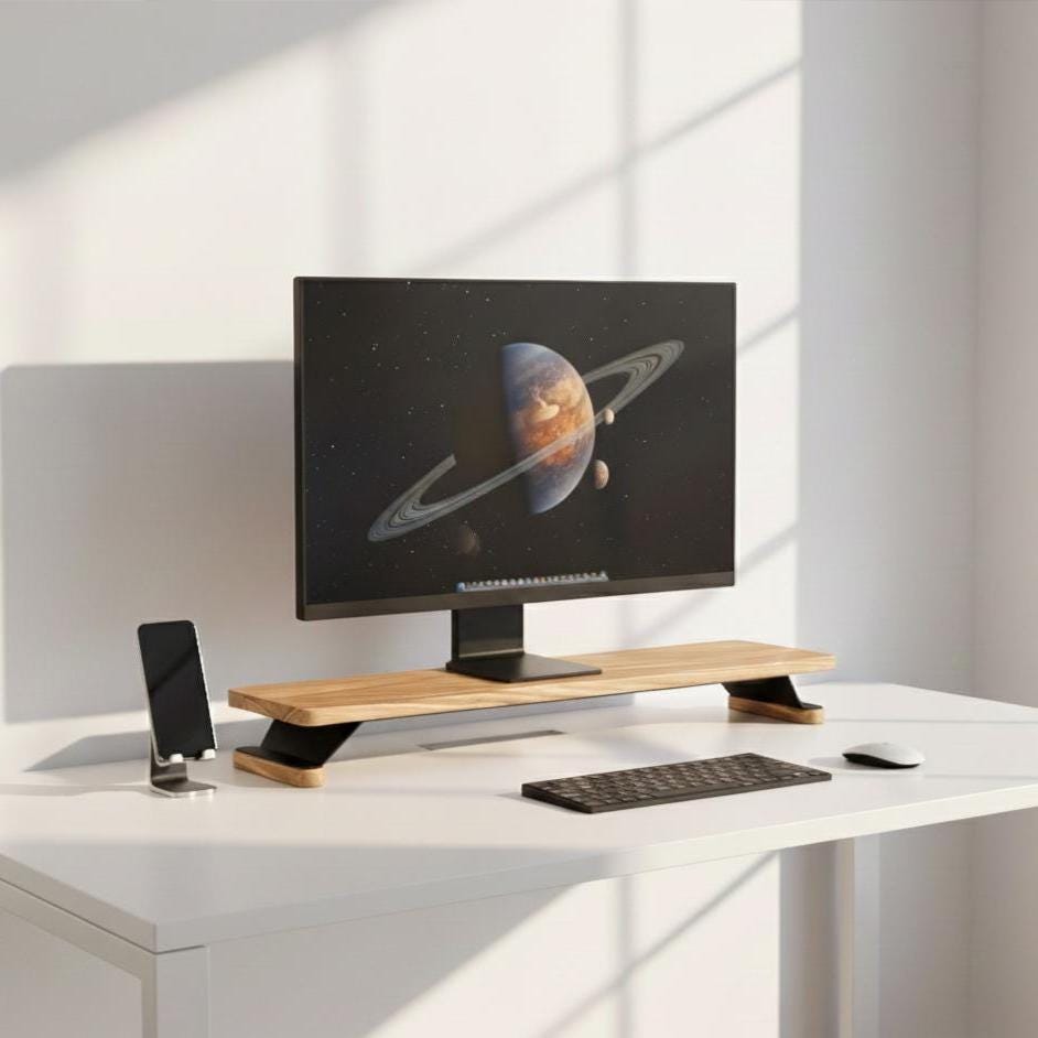 Solid Oak Monitor Stand Riser With Storage Shelf - Large Modern Desk ...