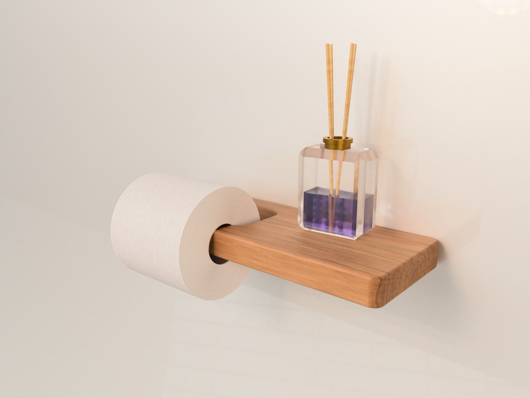 Wooden Wall Mount Toilet Paper Holder With Shelf: Minimalist Bathroom ...