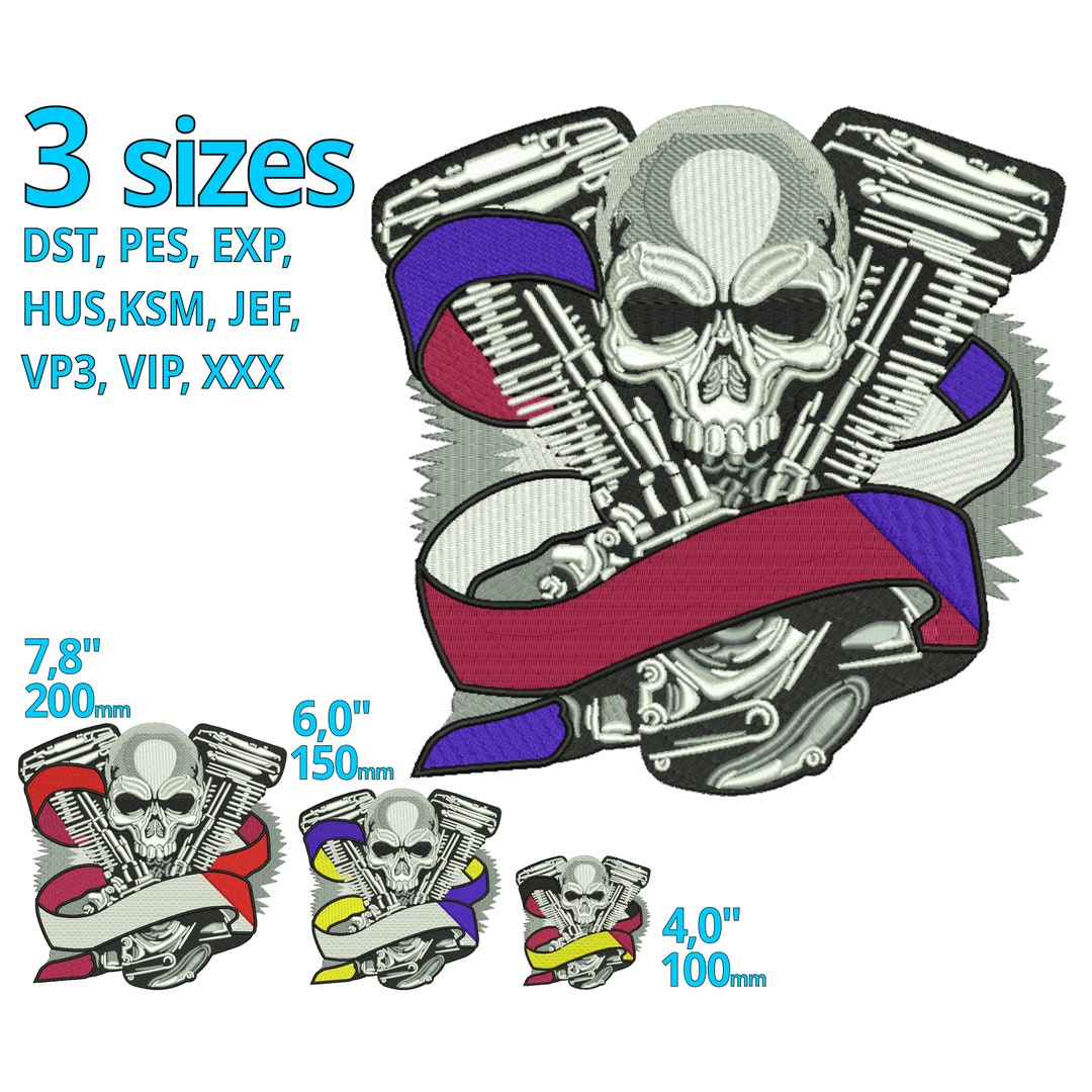 Biker Motor Embroidery Design - 3 Sizes - Banner Flag Skull Head Machine Embroidery File MC ...