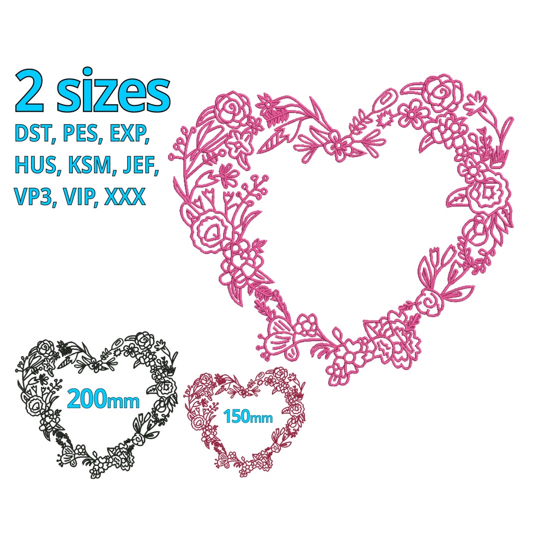 FLORAL HEART Embroidery Design 2 Sizes- Wedding Heart Machine ...