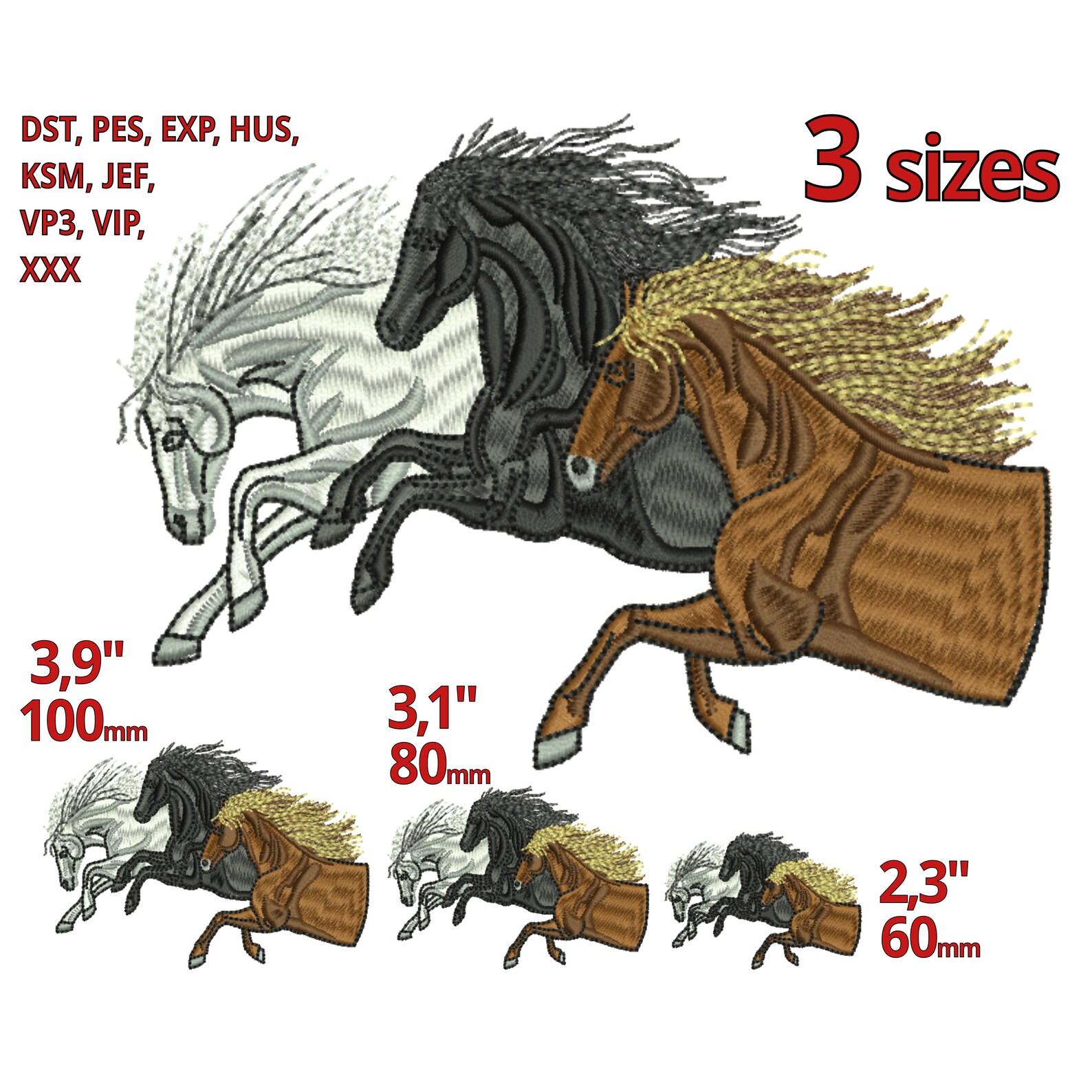 Running Horses Embroidery Design - 3 Sizes Horse Head Embroidery ...