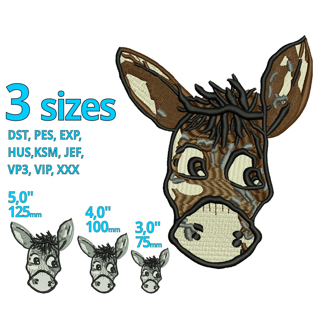 Donkey Embroidery Design 3 Sizes | Comic Donkey Head Machine Embroidery ...