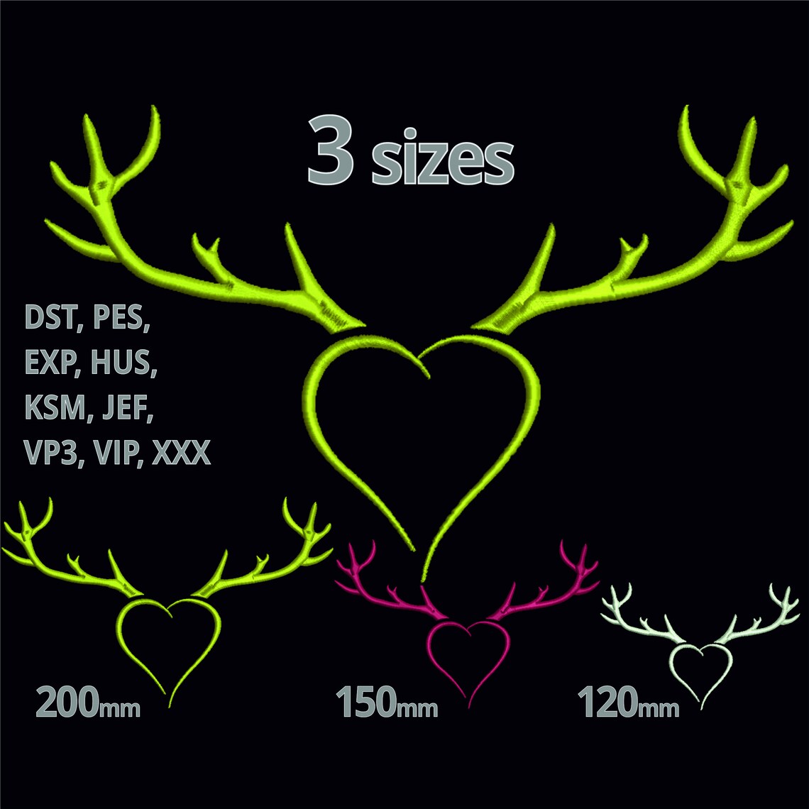 Antler Embroidery Design - Antler Heart Form Embroidery File 3 Sizes ...