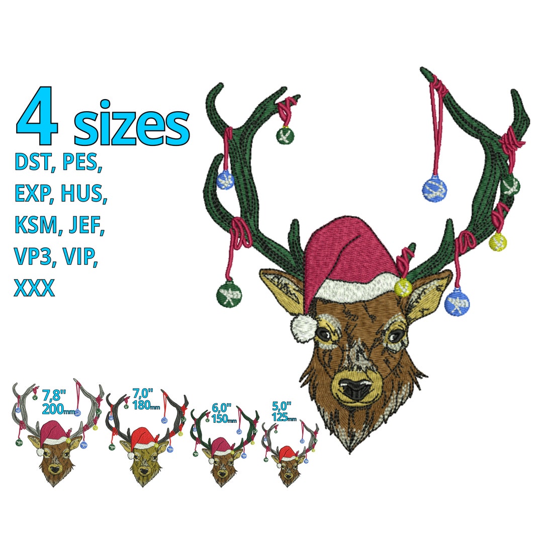 Design de broderie de renne de Noël 4 Tailles- Tête de cerf Fichier de ...