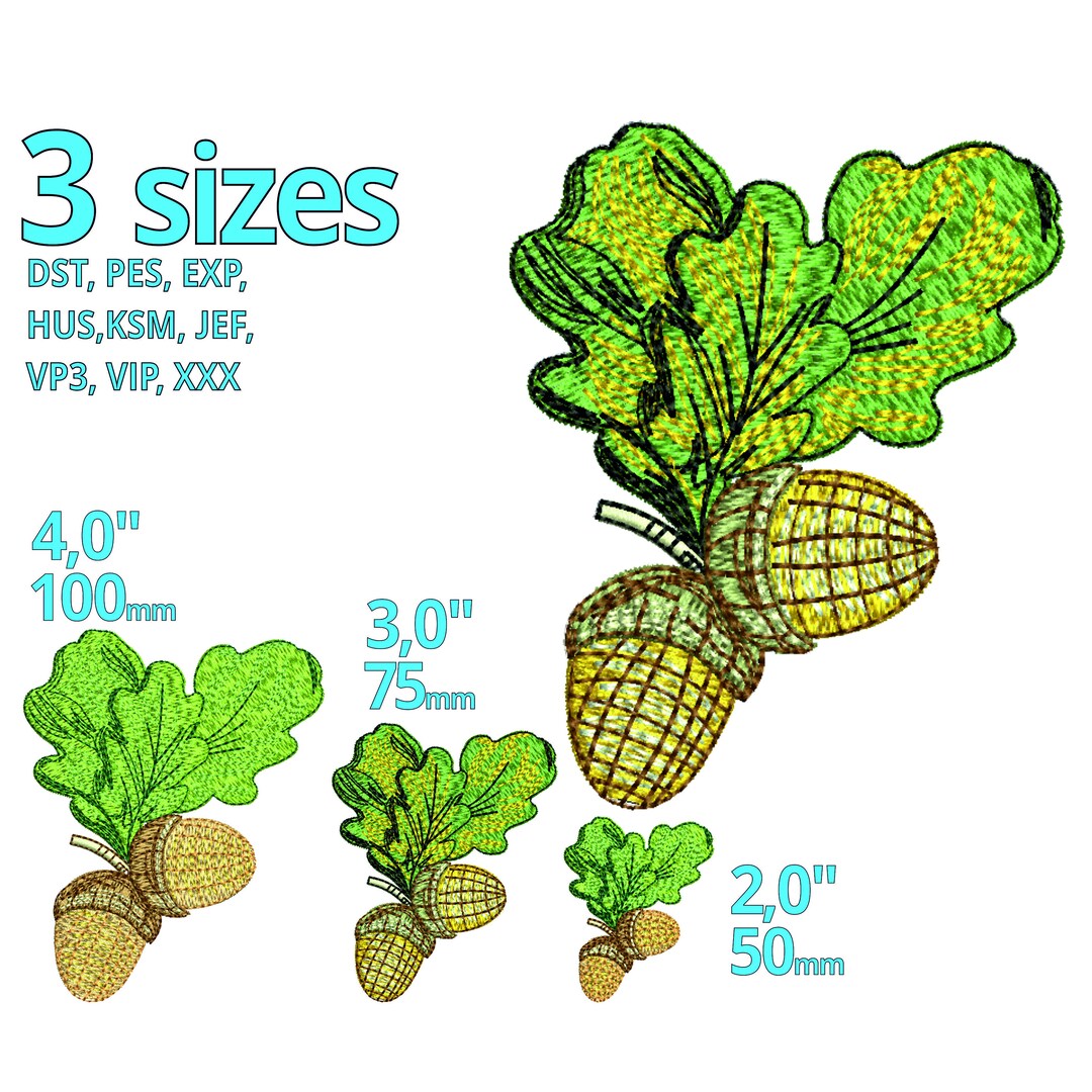 Oak Leaves Embroidery Design 3 Sizes Real Oak Acorns Machine Embroidery ...