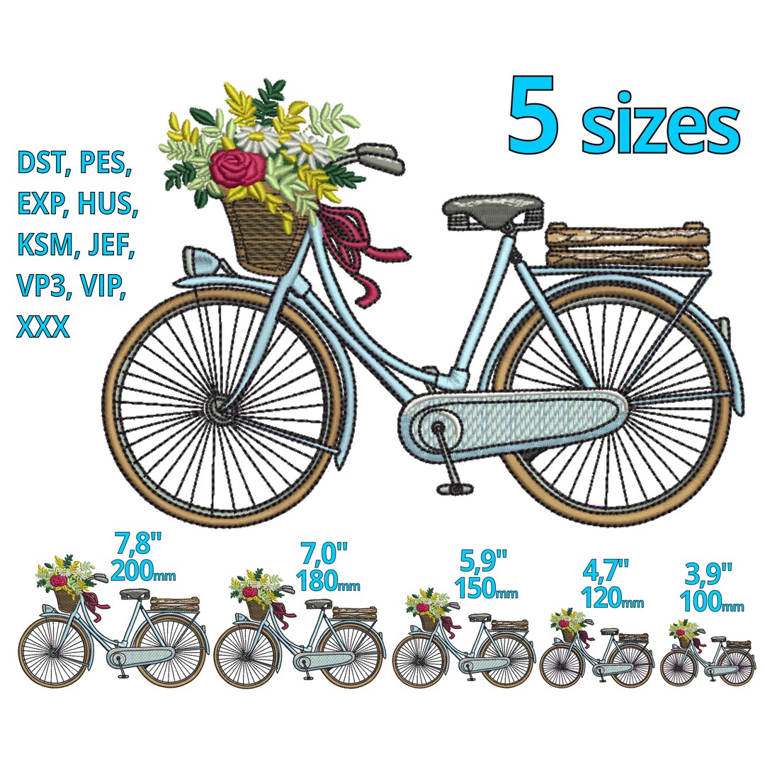 Bicycle Embroidery Design 5 Sizes- Floral Bicyle With Flowers Machine ...