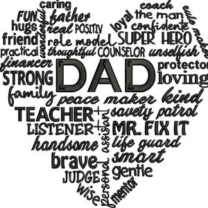 DAD Heart Shape Embroidery File - 4 Sizes Daddy Love Words Typography ...