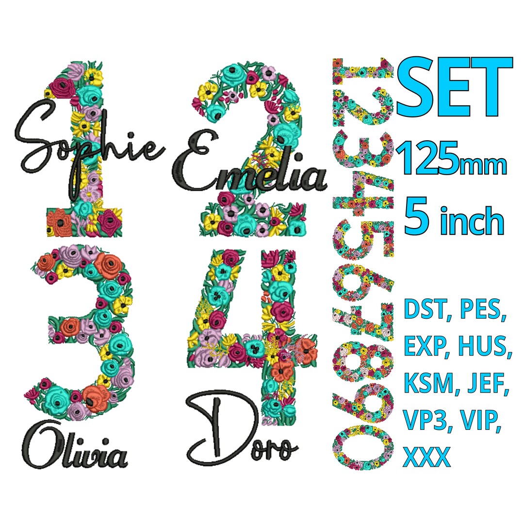 Floral Embroidery Design Numbers | SET - 5inch 125mm | Flowers Number ...