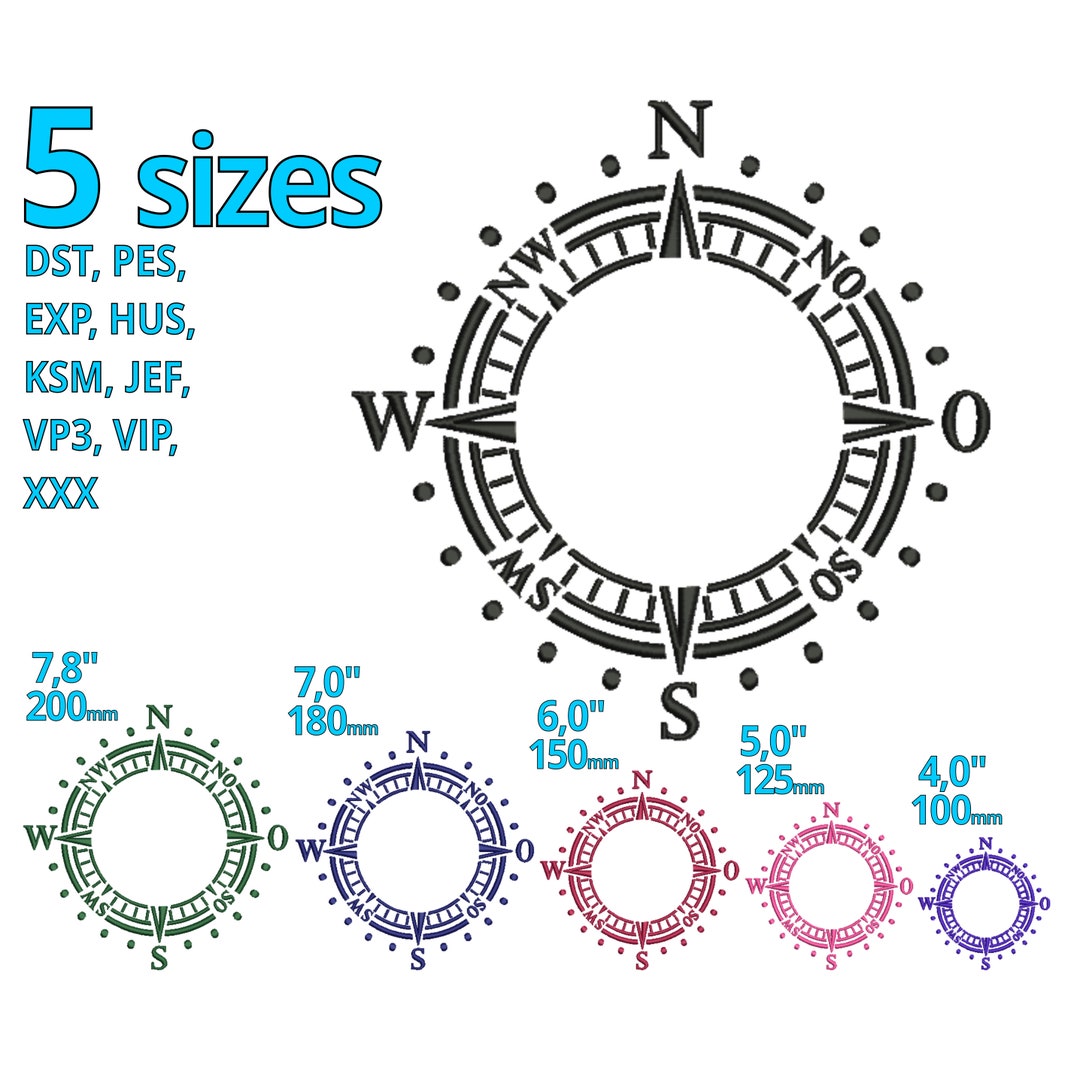 Compass Embroidery Design 5 Sizes - Nautical Compass Machine Embroidery ...