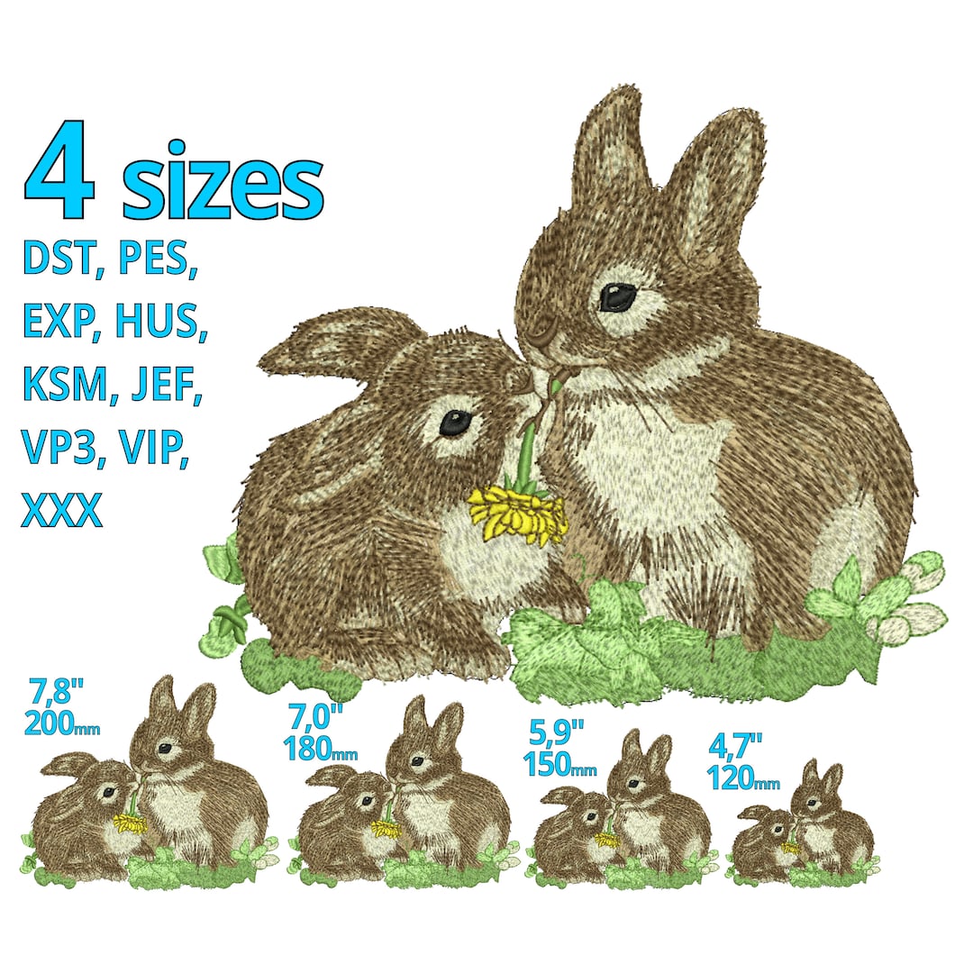 Rabbits Bunnys Embroidery Design 4 Sizes- Real Rabbit With Flower ...