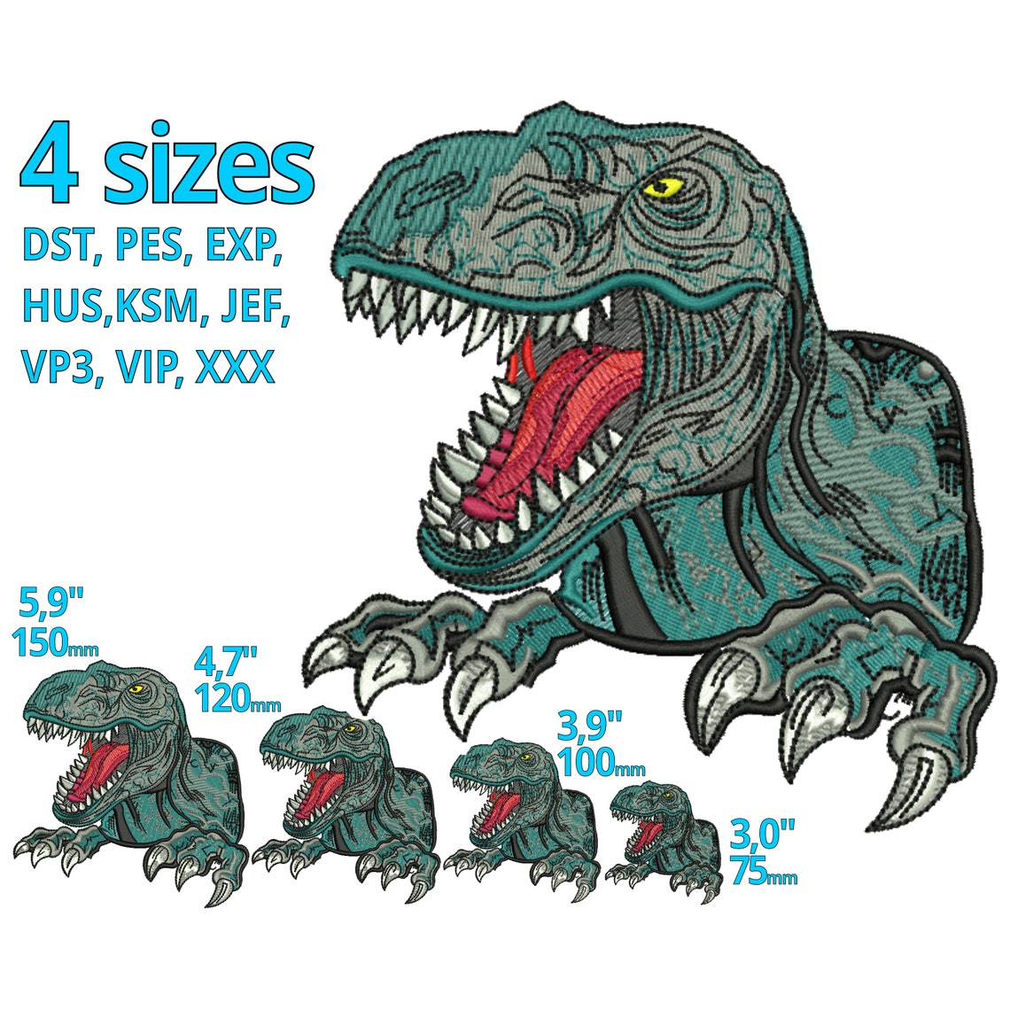 T-rex Dino Embroidery Designs 4 Sizes Dinosaur T-rex | Etsy