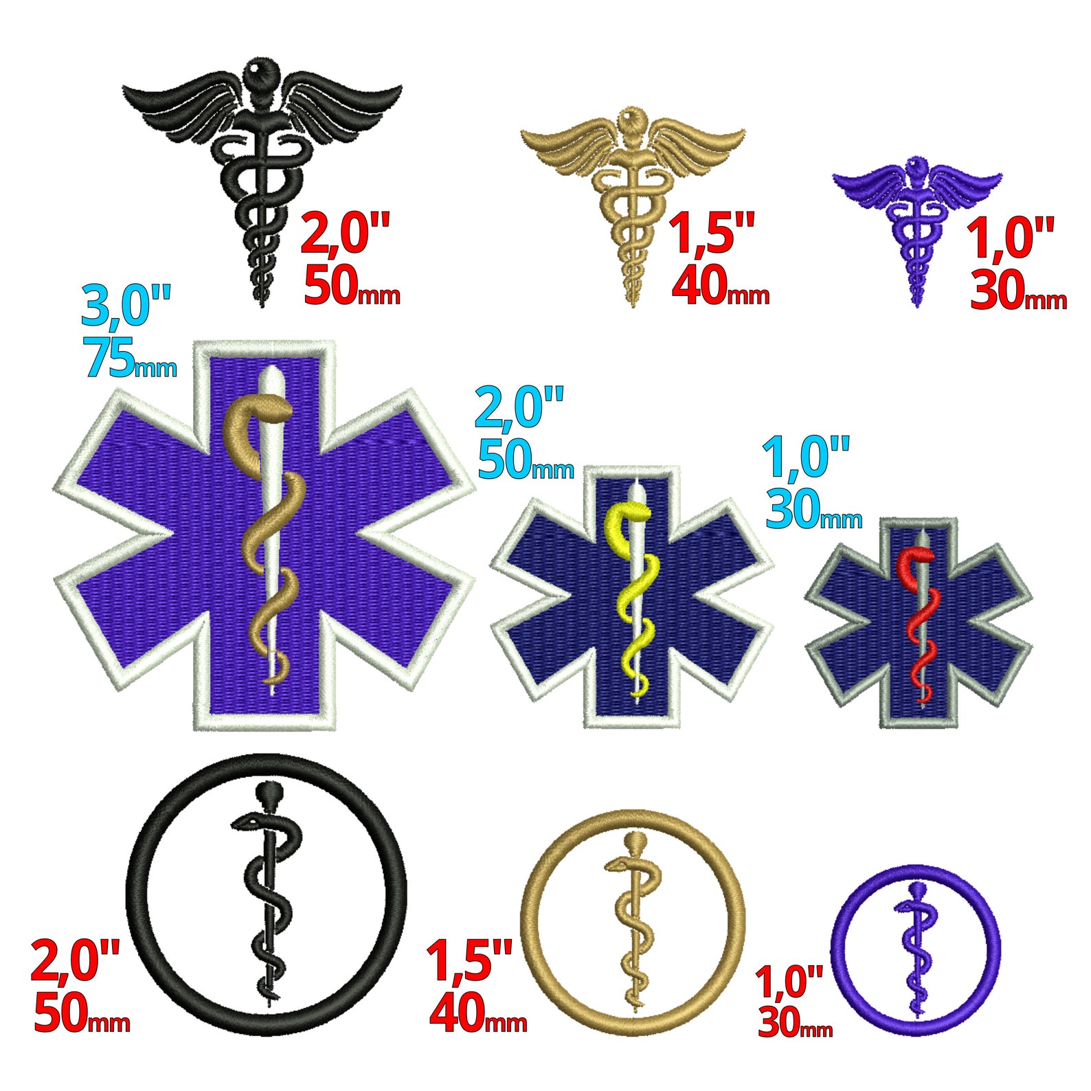 Medical Embroidery Design 3 Logos Caduceus EMT Machine - Etsy