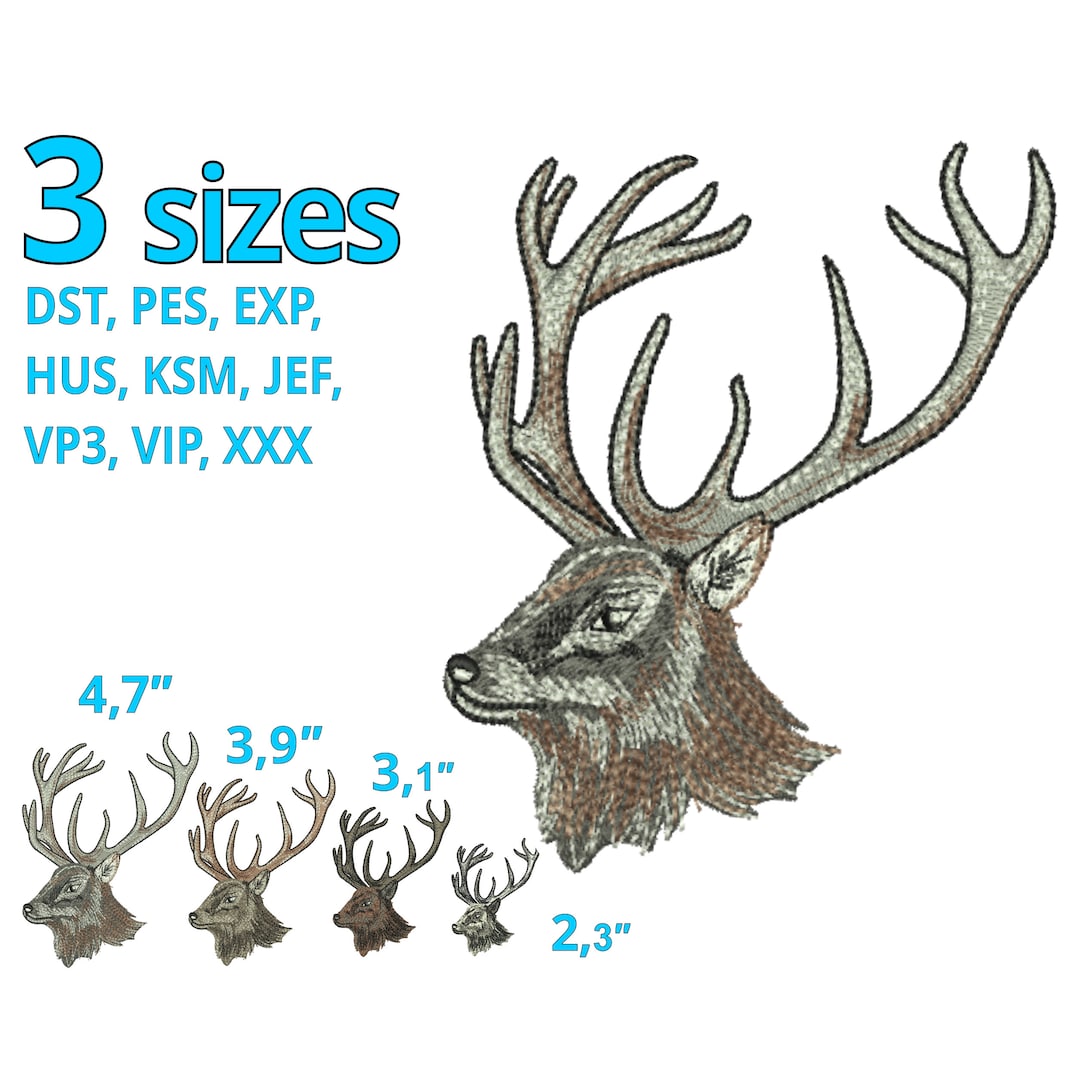 Deer Embroidery Design 4 Sizes - Real Deer Head Machine Embroidery File ...