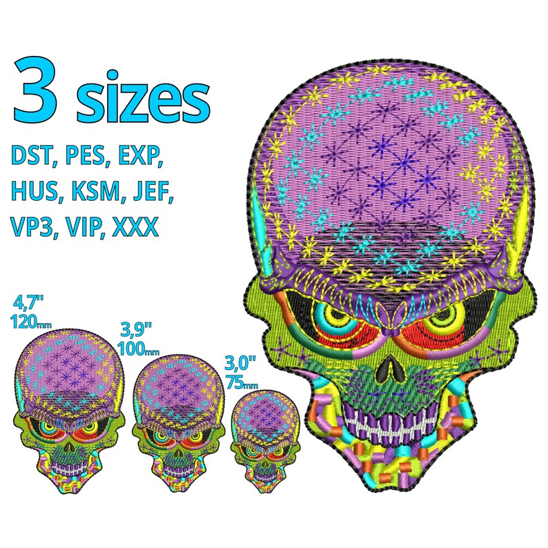 Skull Head Embroidery Design - Mexican La Catrina 3 Sizes Psychedelic ...