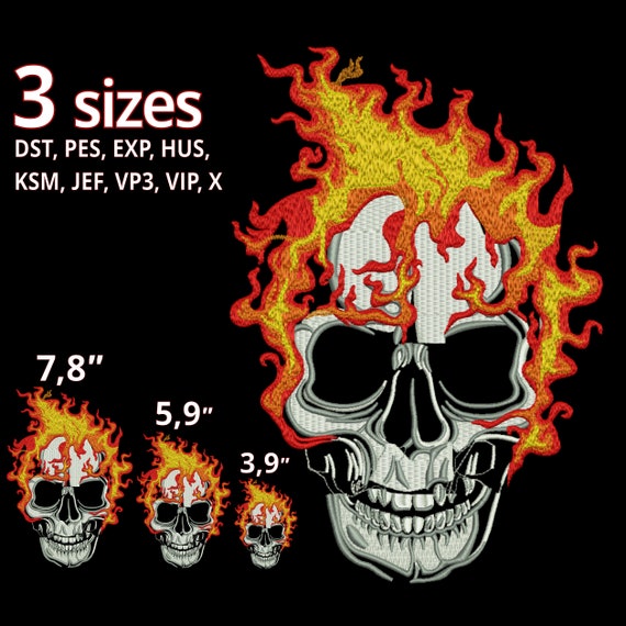 FIRE Skull Head Embroidery Design 3 Sizes DOWNLOAD Flaming - Etsy