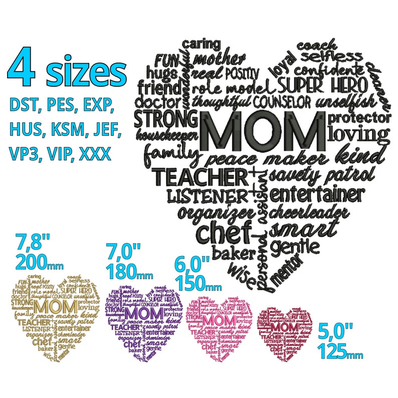 Mom Heart Shape Embroidery File Mum With Words Typography Art 4 Sizes ...