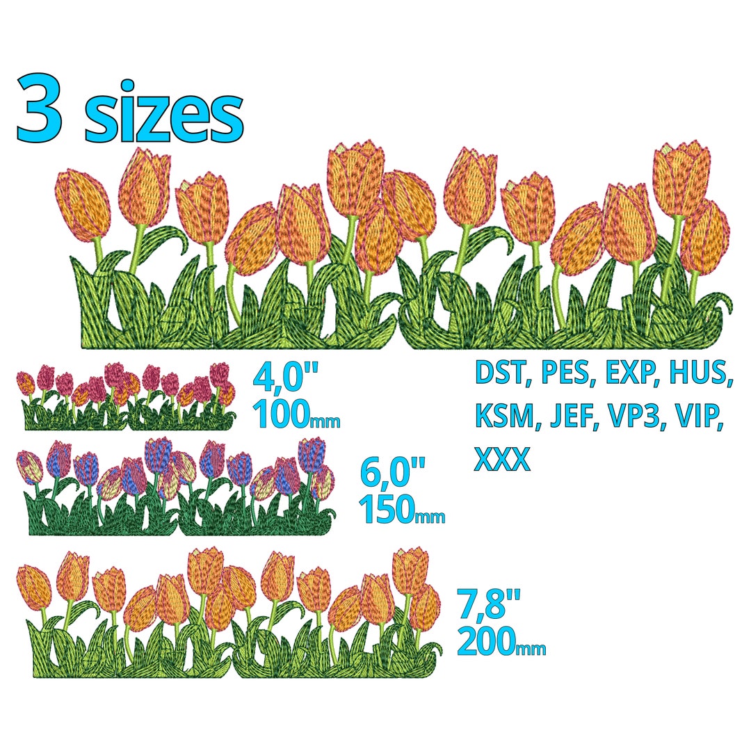 Tulips Embroidery Design 3 Sizes, Tulip Flower Machine Embroidery File ...