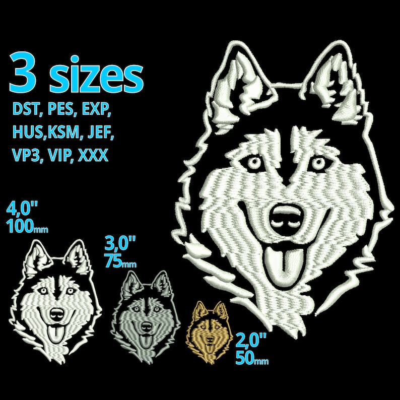 Siberian Husky Embroidery Design 3 SIZES, Smiling Dog Head Sketch ...