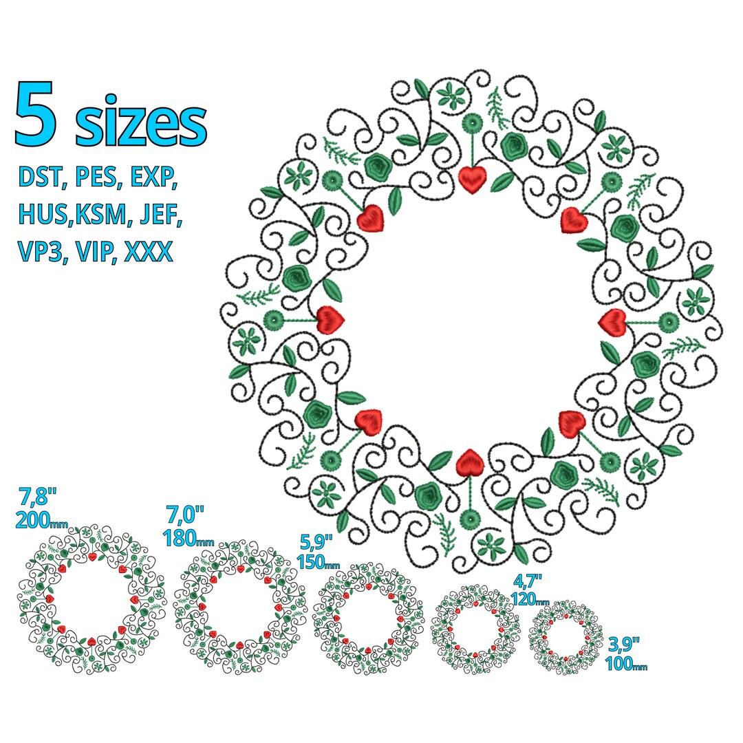 Embroidery Design Floral Round 5 Sizes- Flowers Hearts Leaves Circle ...